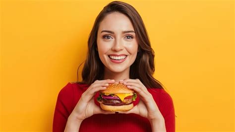 Premium Photo Cute Smiling Woman Posing With Burger