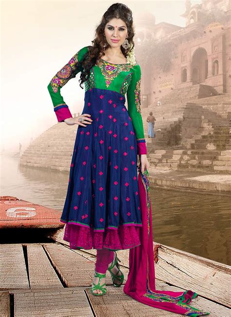Blue Resham Enhanced Georgette Churidar Suit