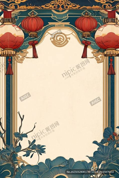 Ai创作图中式 古典 边框 红灯笼 装饰 花纹 传统 元素 植物 枝叶 背景 节日 氛围 图案 典雅 昵图网