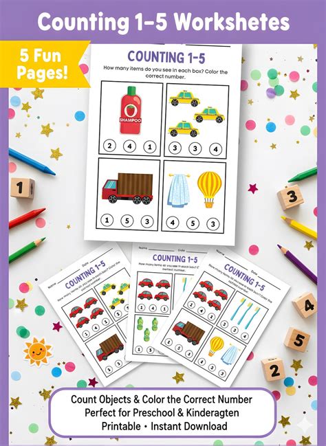 Counting 1 5 Worksheets For Preschool Printable Pdf Count And Color