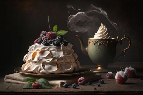 Torta de merengue de postre de té con crema y bayas Foto Premium