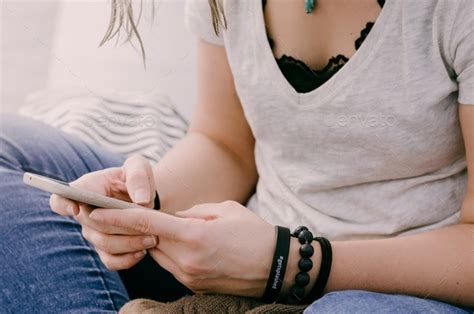 Texting Mobile Phone Teen Girl Using Technology Following Social Media Online Life Stock