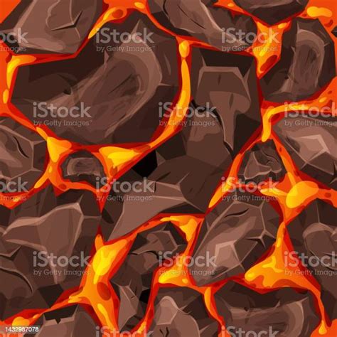 Lava Magma With Stones In Cartoon Style Seamless Pattern Background