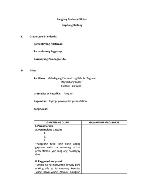 Banghay Aralin Sa Filipino Pangkat Pito Pdf