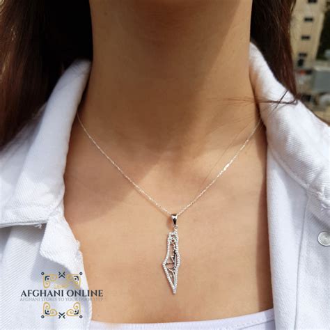 Palestine Silver Map And Zircon Stones With Necklace خريطة فلسطين فضة إط