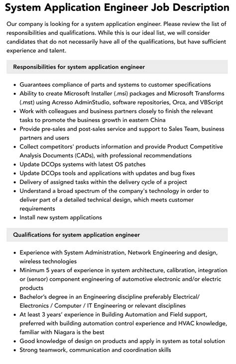 System Application Engineer Job Description Velvet Jobs