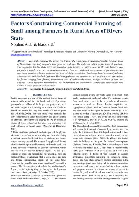 Factors Constraining Commercial Farming Of Snail Among Farmers In Rural