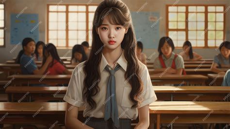 Premium Ai Image Korean Girl At School Cartoon Style Beautiful Asian