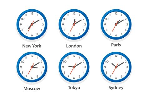 Flat Vector Wall Office Clock Icon Set Zeitzonen Verschiedener Städte Weißes Zifferblatt Design