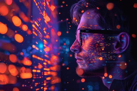 Premium Photo Man With Visual Data Interface Reflecting Off Glasses