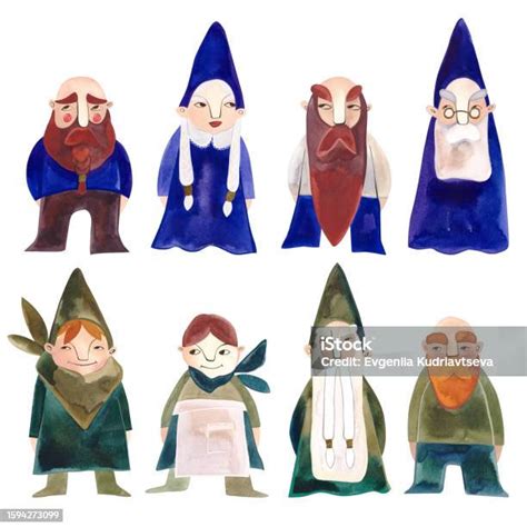 파란색과 초록색 의상을 입은 수채화 노움 세트 가족 격리된 그림입니다 클립 아트 포장 인사말 카드 및 포장지 선물 포스터에 대한 래스터 그림 남자에 대한 스톡 벡터 아트 및