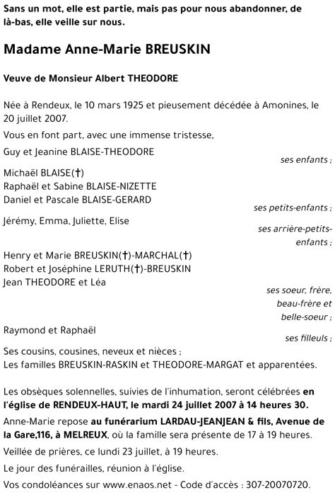 Avis De Décès De Anne Marie Breuskin Décédé Le 20 07 2007 à Amonines Annonce Condoléances