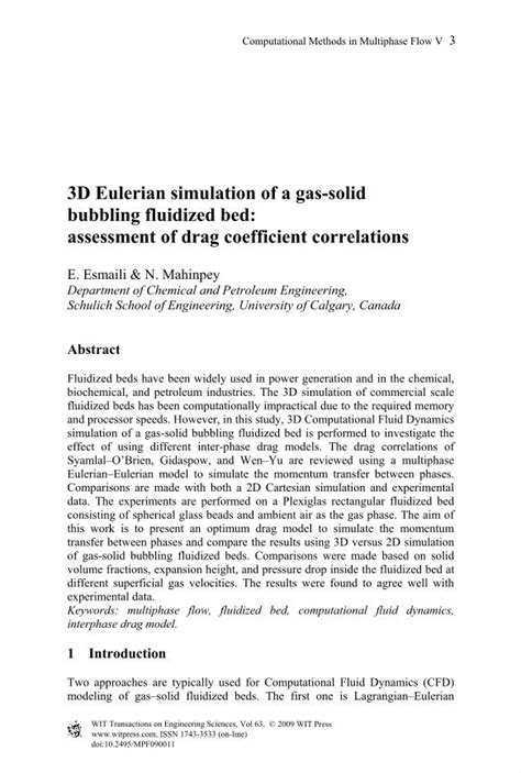 Pdf 3d Eulerian Simulation Of A Gas Solid Bubbling Fluidized