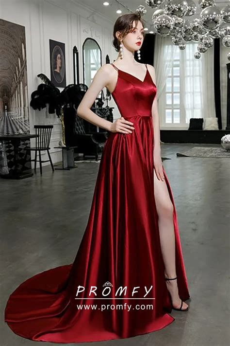 Glossy Red Satin Spaghetti Straps Slit Prom Dress Promfy