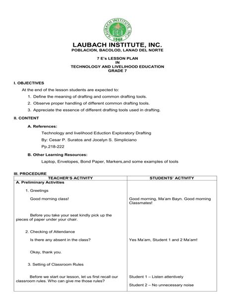 Grade 7 Drafting Lesson Plan Tools And Techniques