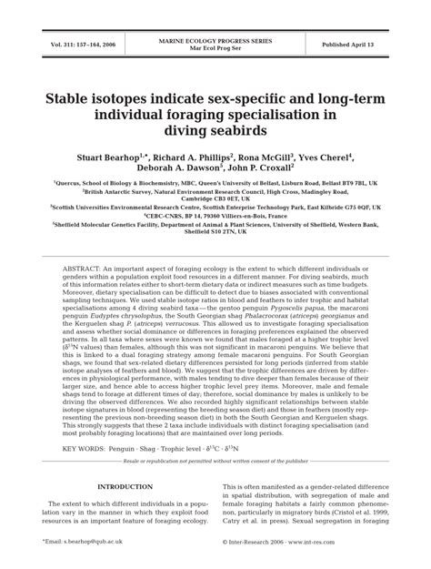 PDF Stable Isotopes Indicate Sex Specific And Long Term Individual Foraging Specialisation In