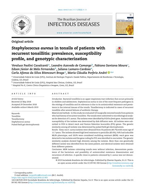 Pdf Staphylococcus Aureus In Tonsils Of Patients With Recurrent