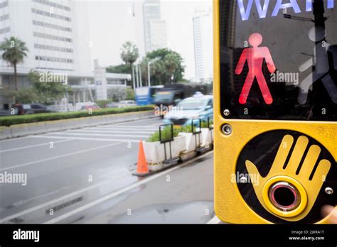 Wait Signal Sign Located At Crosswalk Area On A Busy City Street Stock