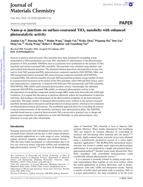 Pdf Nano P N Junctions On Surface Coarsened Tio2 Nanobelts With Enhanced Photocatalytic Activity
