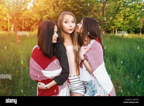 Three Cute Girls Standing In The Plaid Outdoors Best Friends Having