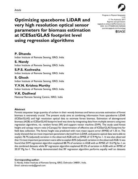 Pdf Optimizing Spaceborne Lidar And Very High Resolution Optical Sensor Parameters For Biomass