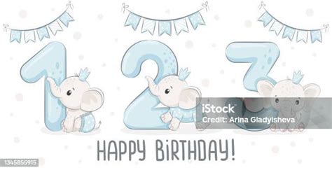 귀여운 코끼리 소년 컬렉션 생일 축하합니다 1 2 3 년 만화의 벡터 그림입니다 아기에 대한 스톡 벡터 아트 및 기타 이미지