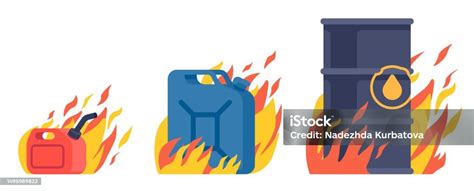 휘발유 및 오일 탱크에서 화재 불타는 배럴 가연성 용기 위험한 연료 저장 화염에 석유 용기 환경 오염 벡터 타오르는 휘발유 병 세트 산업에 대한 스톡 벡터 아트 및 기타