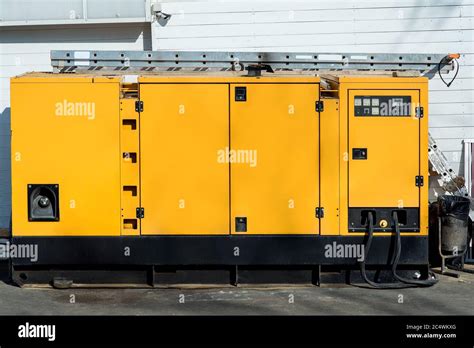 Diesel Generator Installation For Emergency Power Supply With Yellow Electricity Is On The