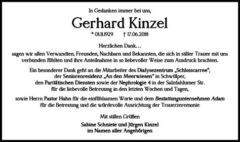 Traueranzeigen Von Gerhard Kinzel Trauer38de