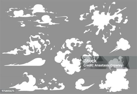 벡터 연기 특수 효과 템플릿을 설정합니다 만화 증기 구름 퍼프 안개 안개 물 수증기 또는 먼지 폭발 2d Vfx 그림 게임 인쇄 광고 메뉴 및 웹 디자인에 대 한 클립 아트