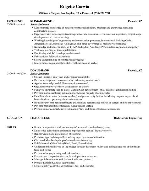 Senior Estimator Resume Samples Velvet Jobs