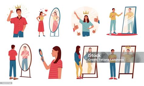 자신감있는 사람 자신을 자랑스러워하는 거울을 바라 보는 긍정적 인 사고 방식을 가진 만화 남성과 여성 자기 수용의 개념 벡터 격리 세트 거울에 대한 스톡 벡터 아트 및 기타