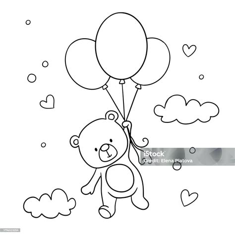 귀여운 만화 곰이 구름 속에서 풍선을 들고 날아다닌다 벡터 재미있는 만화 곰 윤곽선 스케치 그림은 유치한 색칠 공부 또는 페이지입니다 풍선에 대한 스톡 벡터 아트 및 기타