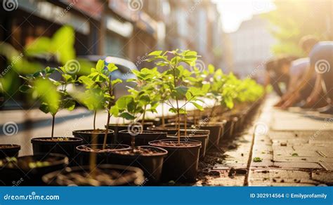 Greening City Community Tree Planting Along Busy Streets Stock