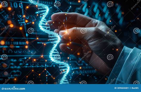 A Futuristic Representation Of A Human Hand Interacting With A Glowing Dna Helix Structure Amid