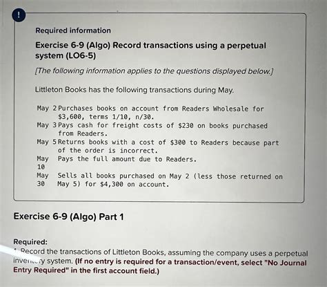 Solved Required Information Exercise 6 9 Algo Record