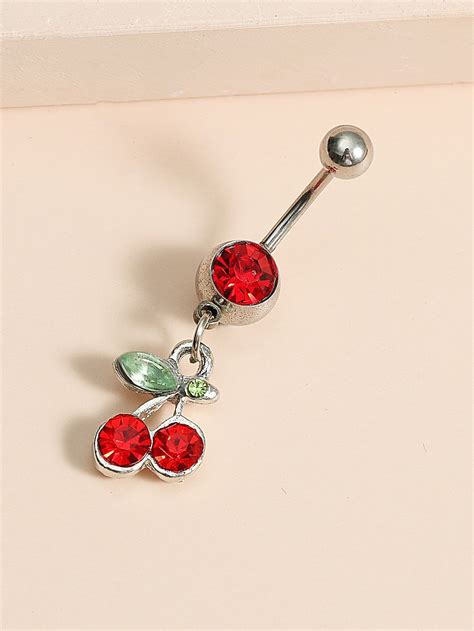 1pc Funky Stainless Steel Rhinestone Cherry Decor Navel Belly Ring For