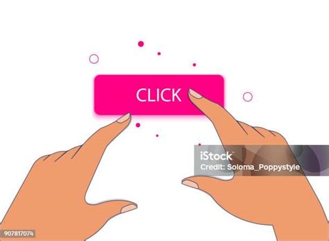 Womans Hand Presses The Pink Button Vector Illustration Isolated On
