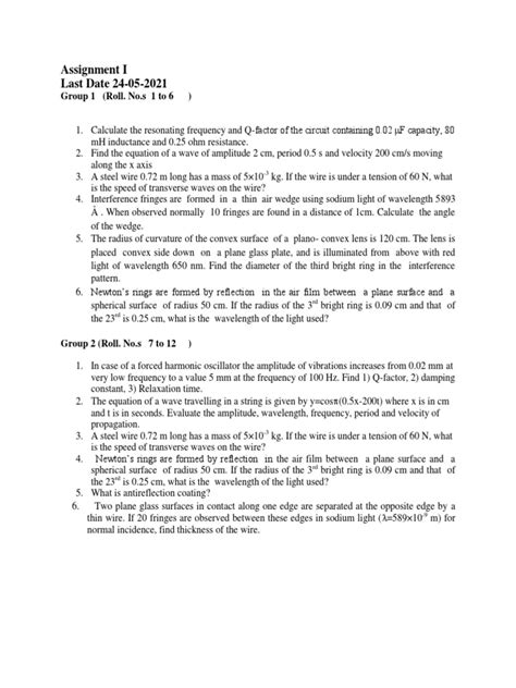 Assignment Physics Pdf Waves Wavelength