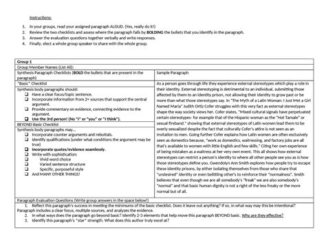 Synthesis Paragraph Exemplar Analysis 23 24 Instructions In Your