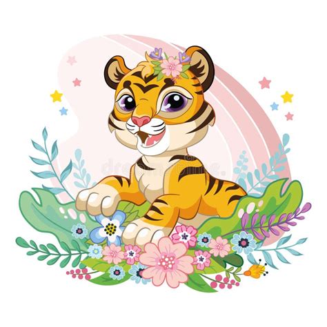 Cute Cartoon Vector Tiger Cub In Flowers Stock Vector Illustration Of