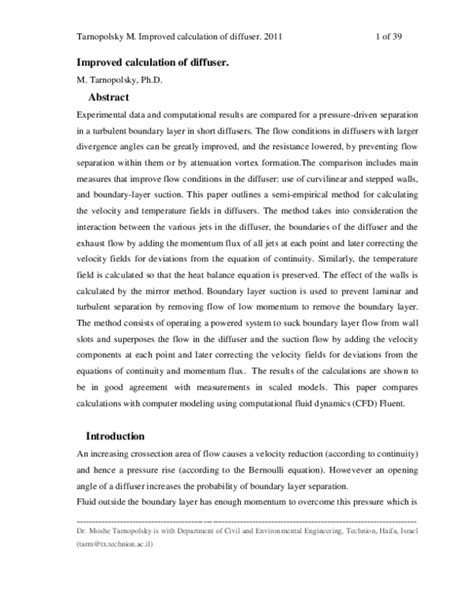 Pdf Improved Calculation Of Diffuser Moshe Tarnopolsky