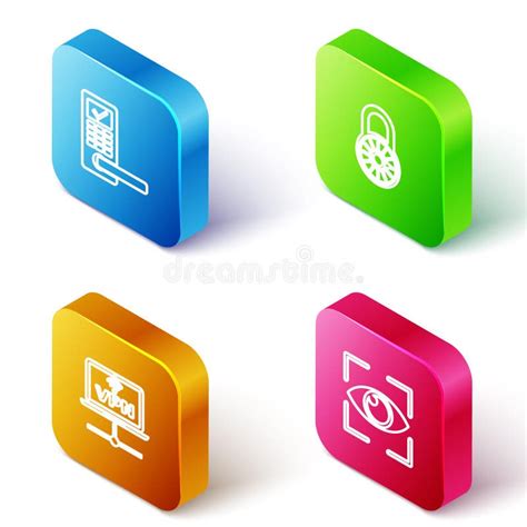 Set Isometric Line Digital Door Lock With Wireless Safe Combination Wheel Vpn Computer Network