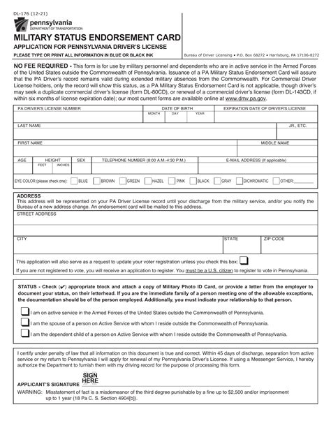 Pa Dot Form Dl 176 Military Status Endorsement Card Forms Docs 2025