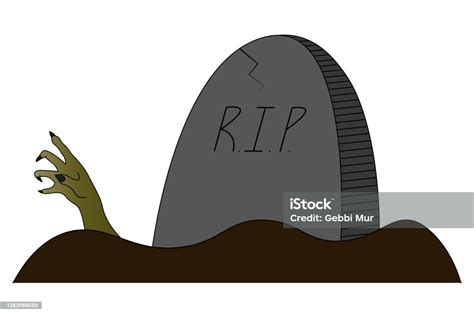 불길한 좀비 야자수가 묘비 아래에서 표면으로 향했습니다 묘지에 무덤 비문 평화롭게 쉬십시오 컬러 벡터 그림입니다 격리된 흰색 배경입니다 날카로운 손톱으로 손가락을