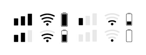 연결 및 배터리 상태 설정 아이콘 Wifi 모바일 네트워크 충전 퍼센트 누산기 교차 중단된 장치 상태 표시줄 기술 개념