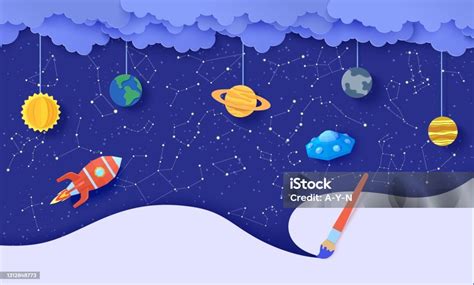 로프 조디악 별자리에 행성과 종이 컷 스타일의 빨간색 로켓과 Ufo비행 공간 벡터는 흐린 밤 하늘과 비행 접시와 페인트 브러시 그리기로 3d 추상 배경을 잘라 별자리에 대한