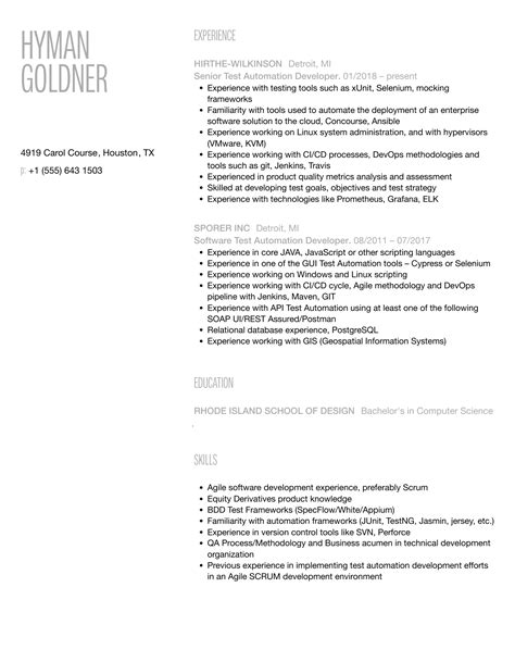 Test Automation Developer Resume Samples Velvet Jobs