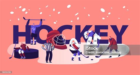 하키 대회 토너먼트 개념입니다 아이스 링크 게임에 연습 막대기와 스포츠 유니폼에 남자 장비 및 판사 포스터 배너 전단지 브로셔를 가진 플레이어 만화 플랫 벡터 일러스트