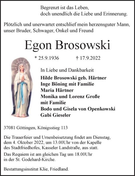 Traueranzeigen Von Egon Brosowski Trauer Anzeigen De